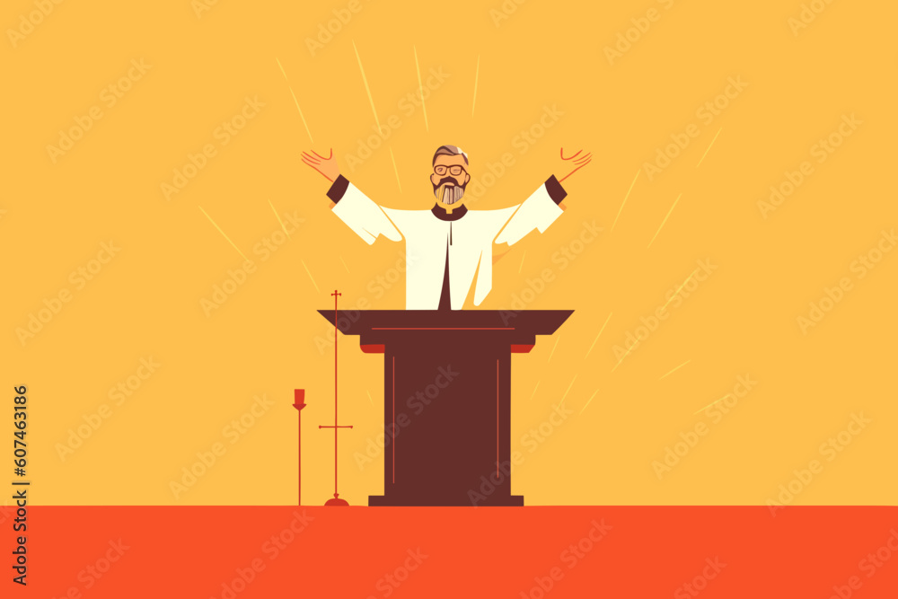 Vetor de Doodle inspired Priest preaching at the pulpit, cartoon ...