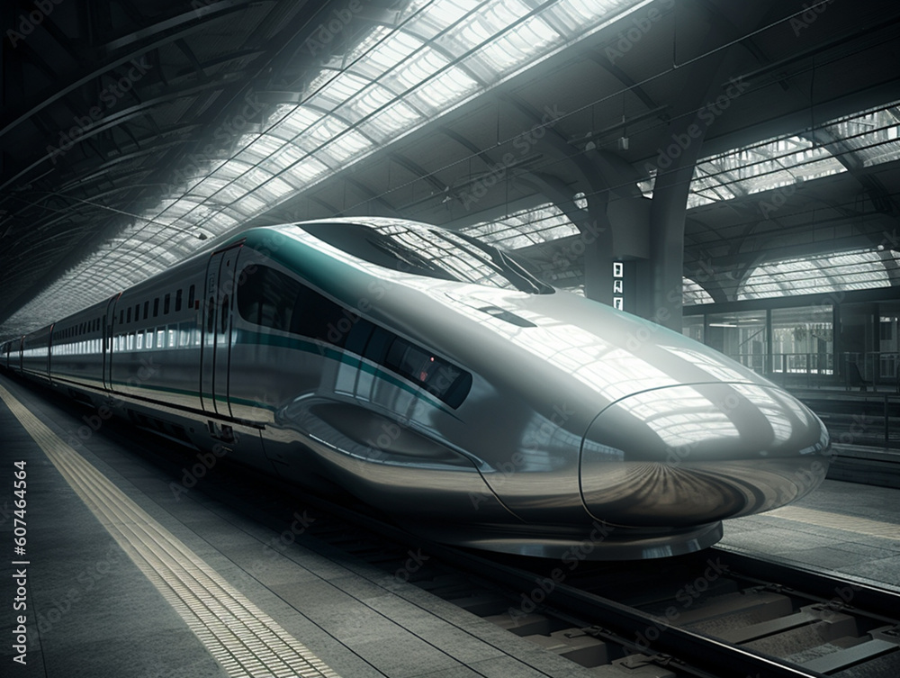 A silver futuristic bullet train is stopping at a train station. Has an ...