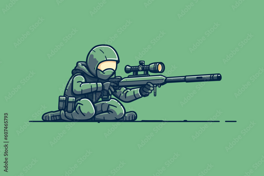 Doodle inspired Sniper setting up a shooting position, cartoon sticker ...