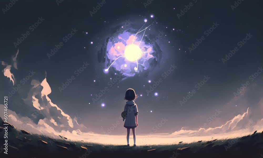 A young girl standing during the day reaching out to grab a star in the ...