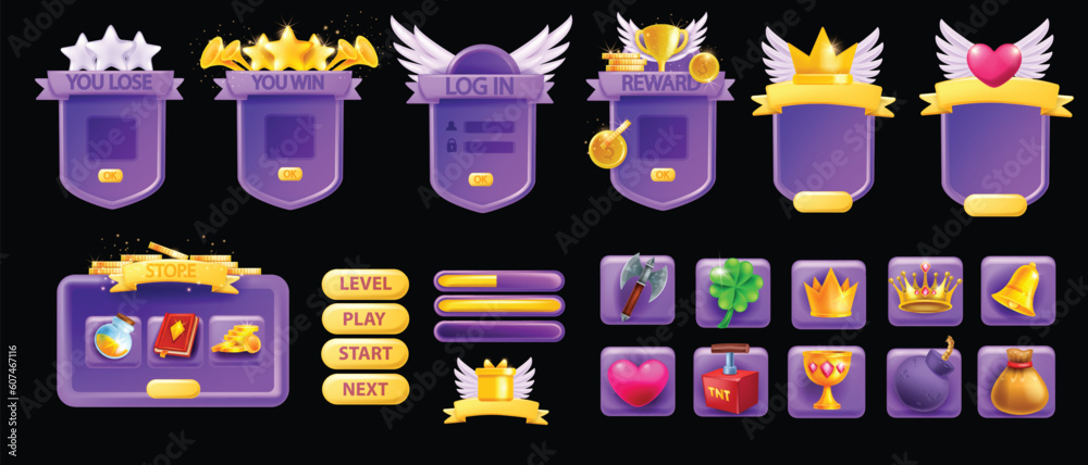 3D UI game asset set, button GUI interface vector design elements, mobile video app icon menu ...