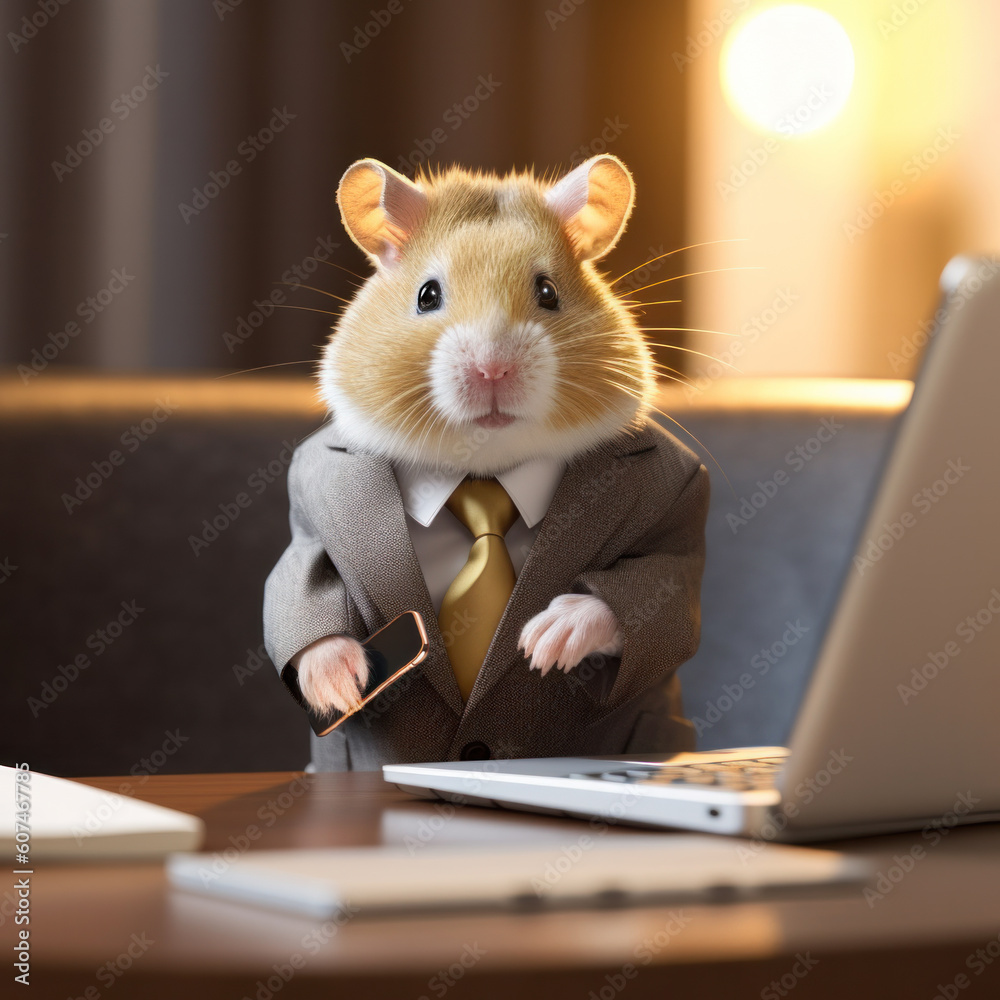Serious and funny looking hamster wearing business suit sits at its ...