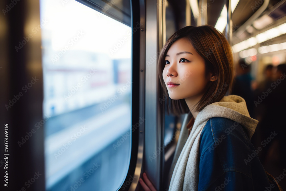 Pensive young woman, happily gazing out the window during her morning ...
