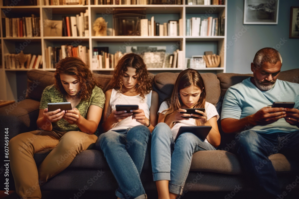Diverse family seated on a couch, engrossed in technology devices ...