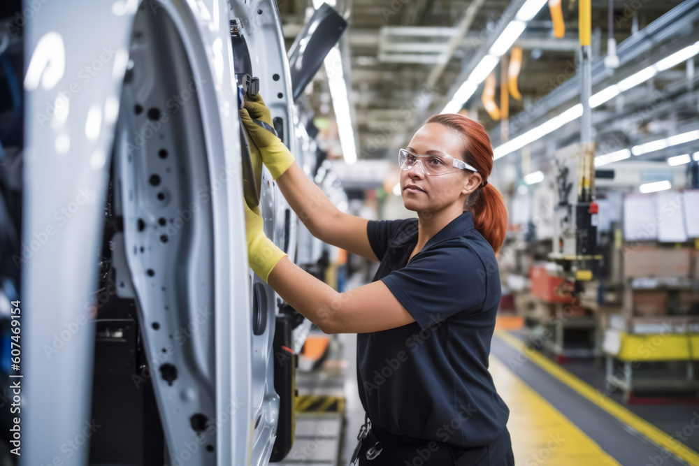 Confident female worker skillfully operating high-tech machinery in a ...