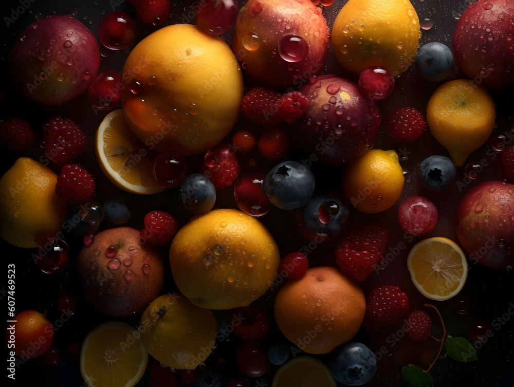 fruits, seamless background, visible drops of water, overhead angle ...