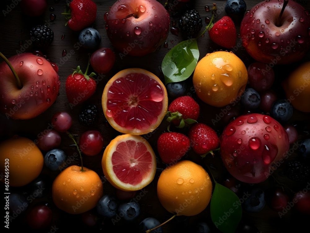 fruits, seamless background, visible drops of water, overhead angle ...