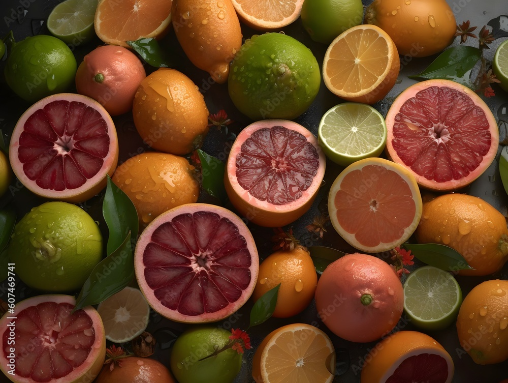 fruits, seamless background, visible drops of water, overhead angle ...