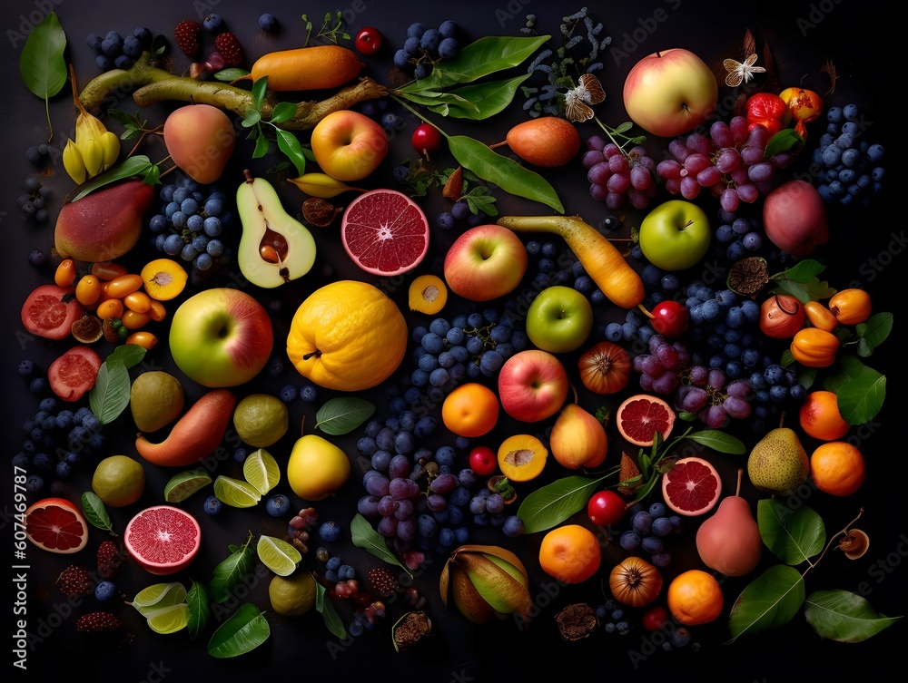 fruits, seamless background, visible drops of water, overhead angle ...