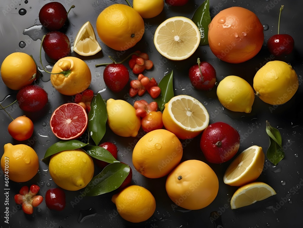fruits, seamless background, visible drops of water, overhead angle ...