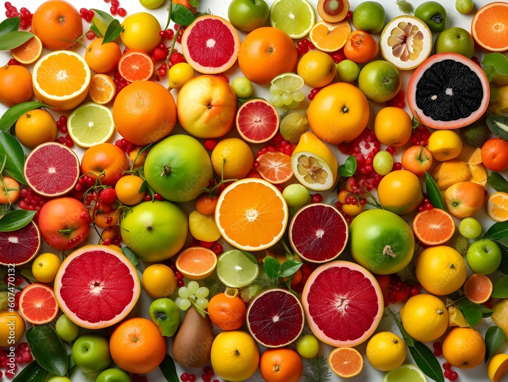 fruits, seamless background, visible drops of water, overhead angle ...
