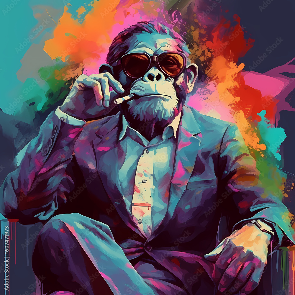 Colourful abstract digital art image depicting a monkey dressed like a ...