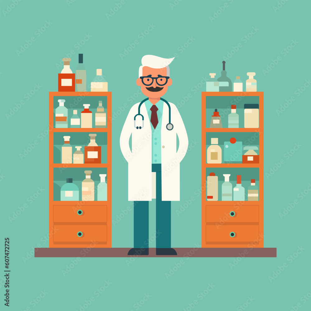 Pharmacist on the background of drugs. Pharmacist. Pharmacy set ...