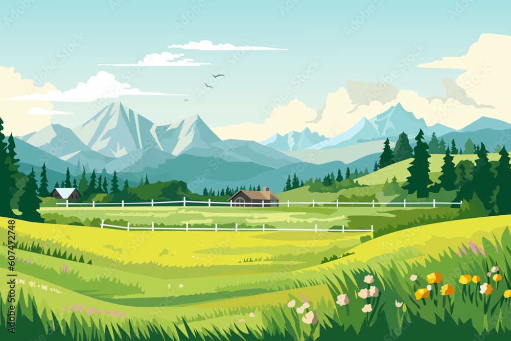 Beautiful landscape of mountains and fields. Farm landscape against the ...