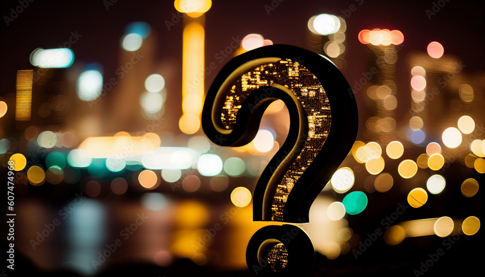 Pixelated yellow question mark, beautiful blurry city lights background ...