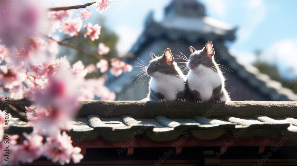 Funny mice in Japan. Cherry blossom frontground. Funny mices are ...