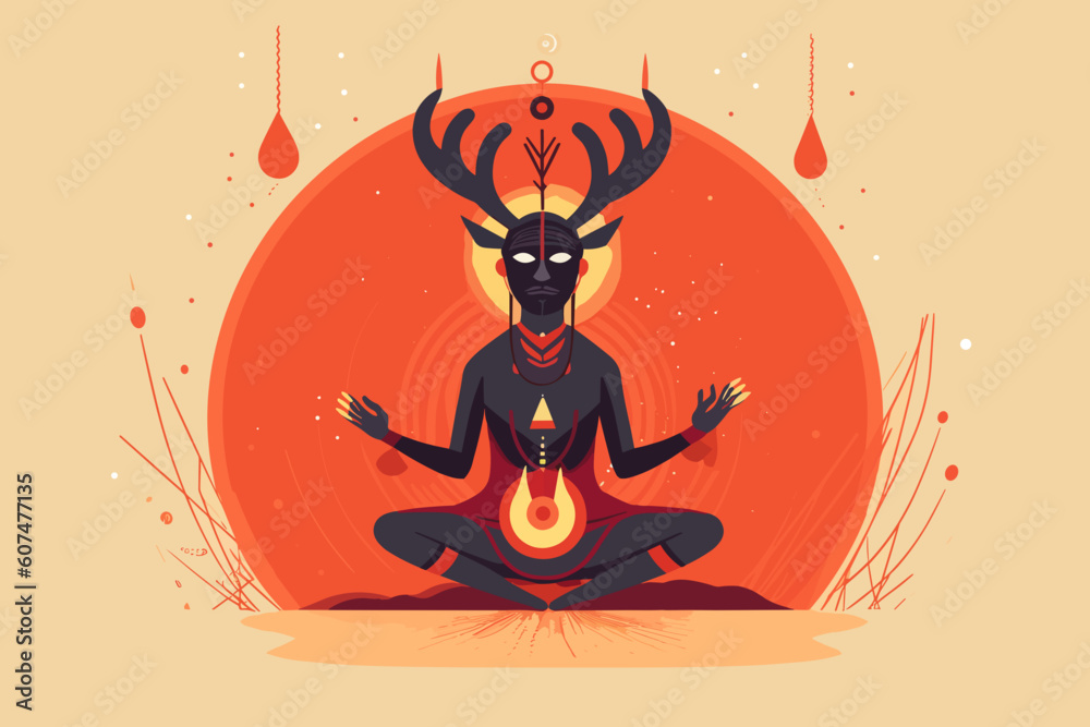 Doodle inspired Shaman performing rituals, cartoon sticker, sketch ...