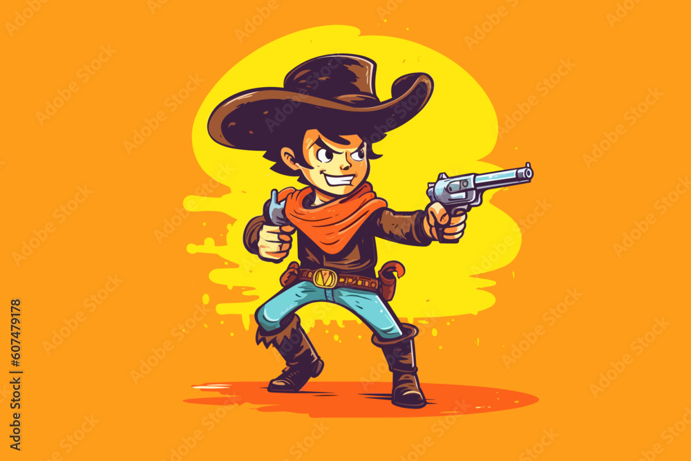 Doodle inspired Gunslinger cowboy-style shootouts, cartoon sticker ...