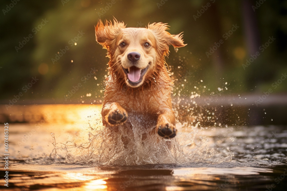 Pure bliss of a happy dog as it joyfully leaps into the water, creating ...
