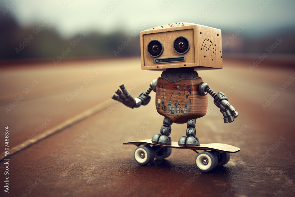 Small, comical robot expertly maneuvering on a skateboard representing ...