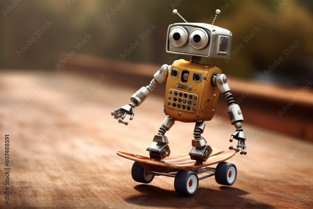 Small, comical robot expertly maneuvering on a skateboard representing ...