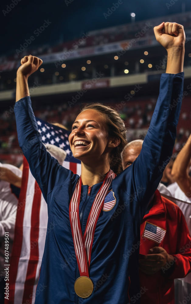 Smiling young gold medal winning American Olympic athlete, her look is ...