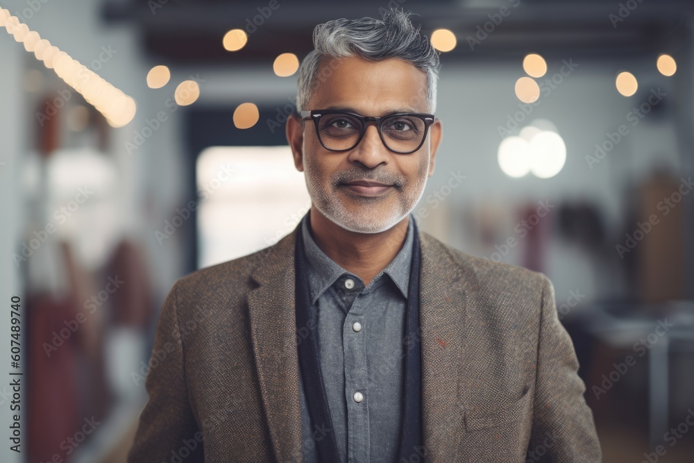 Mature smart indian businessman, smiling face, standing in blur ...