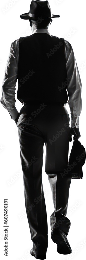 mysterious man walking away and holding a briefcase. noir concept of a ...