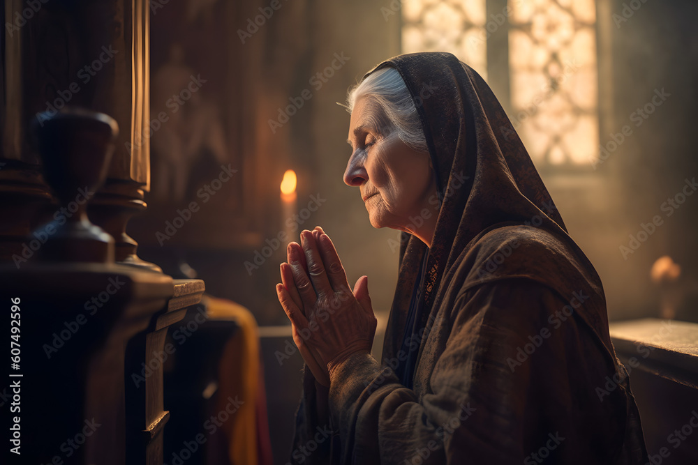 Old woman praying to god in church Stock Illustration | Adobe Stock