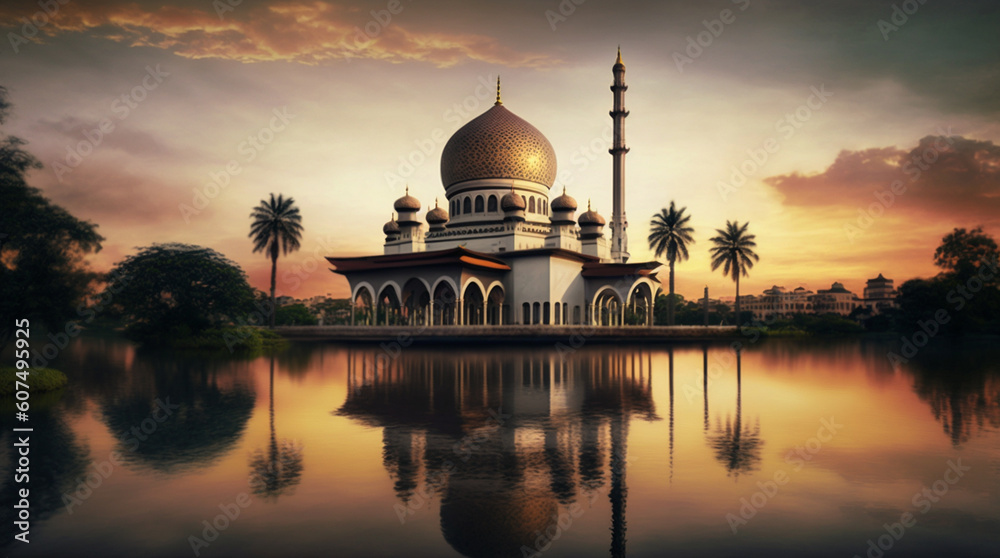islamic background with moon lanterns and mosque for ramadan eid ul ...