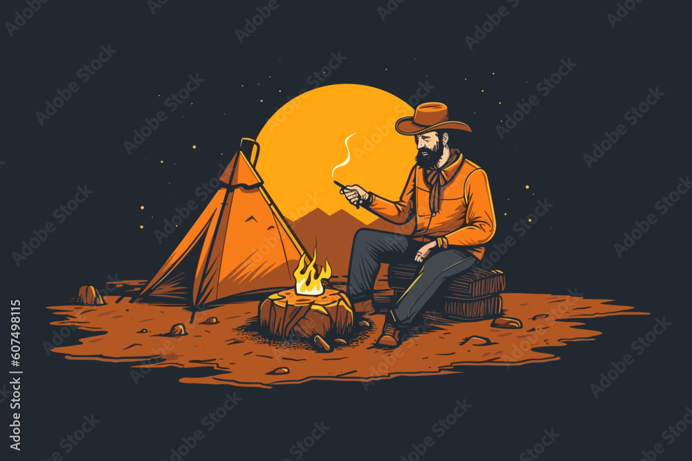Doodle inspired Cowboy setting up a campfire, cartoon sticker, sketch ...