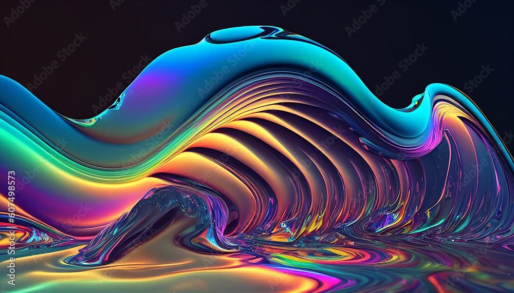 Iridescent waves, strange trippy rainbow liquid ocean flowing glowing ...