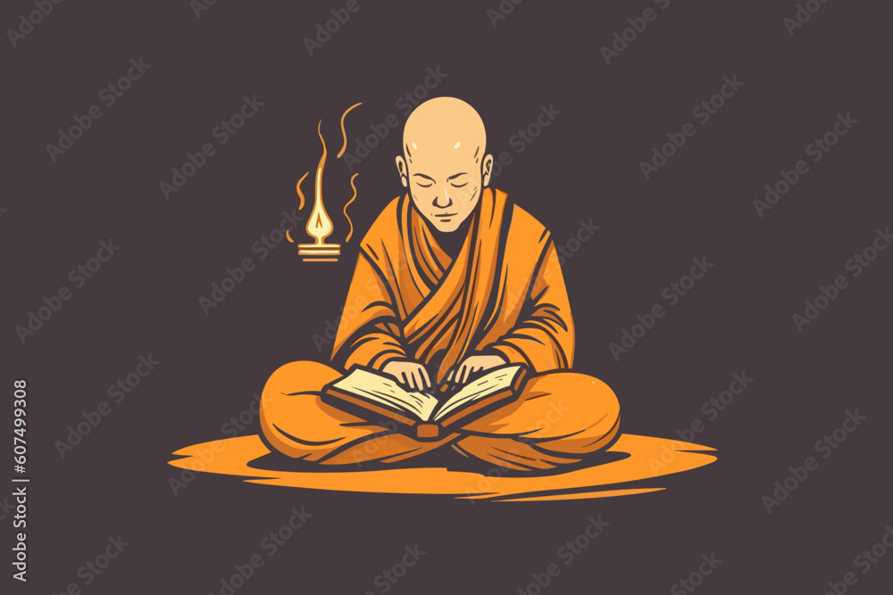 Doodle inspired Monk studying scriptures, cartoon sticker, sketch, vector, Illustration Stock ...