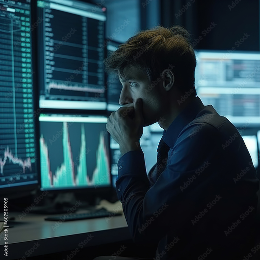 Pensive Sad Trader thinking at workplace. Computer screen with charts ...