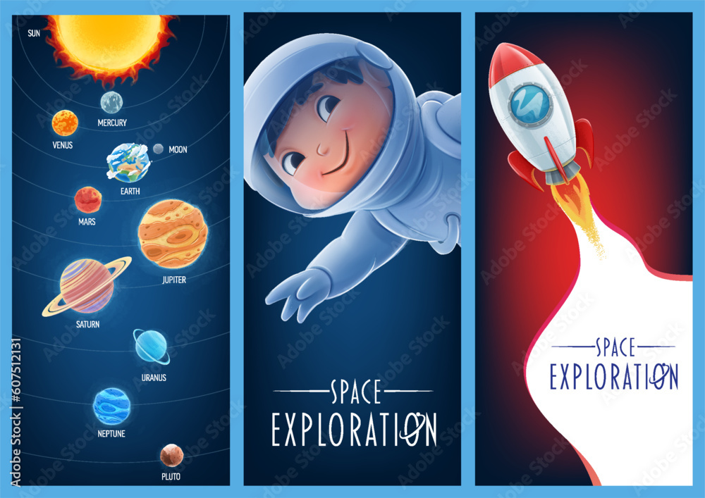 astronomy and science lesson banner set for kids with astronaut and ...