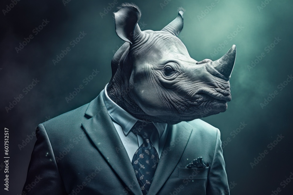 Anthropomorphic rhinoceros dressed in a suit like a businessman ...