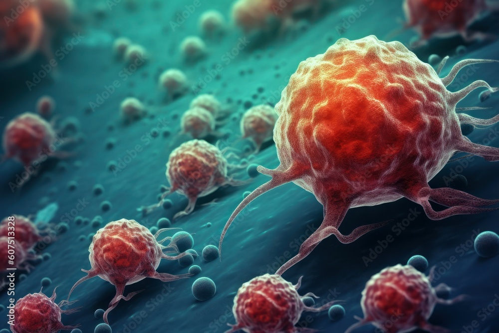 Malignant cancer cells under a microscope. AI generated, human enhanced ...