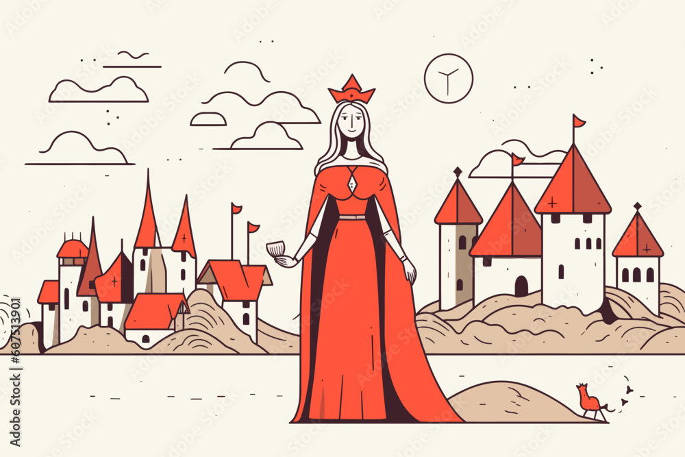 Vetor de Doodle inspired Queen visiting different parts of the kingdom ...