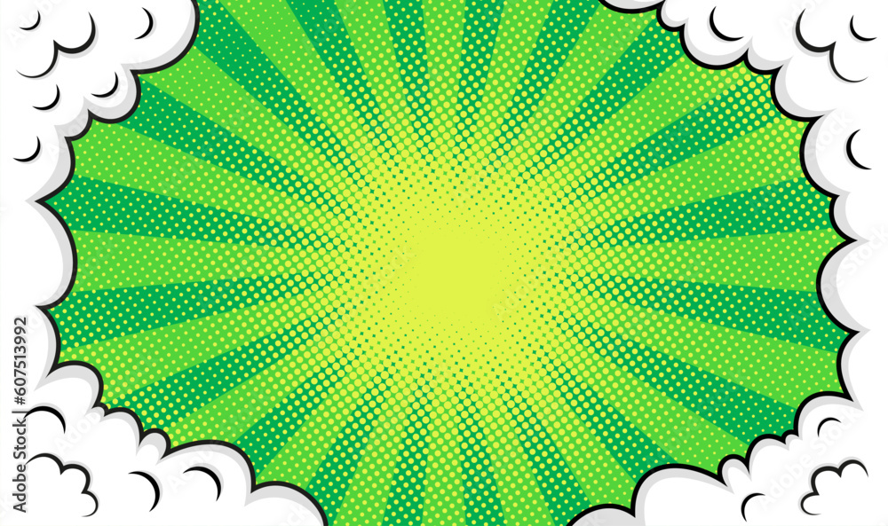 Cartoon Superhero banner with clouds, frame and green halftone. Retro ...