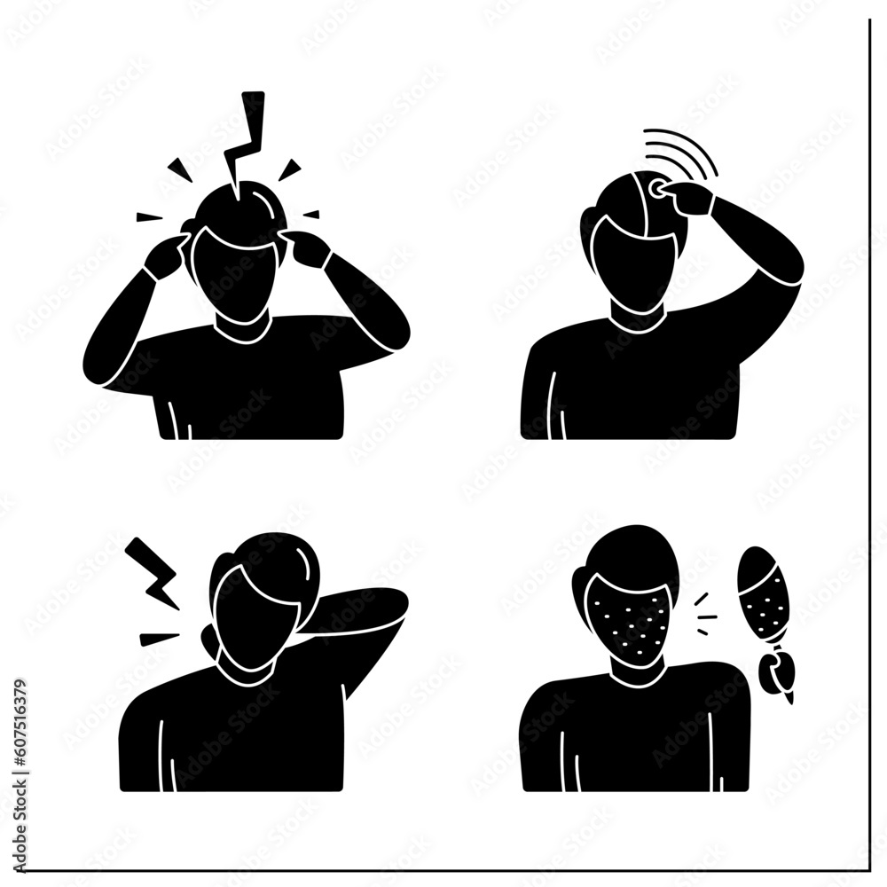 Vetor de Headache icons set. Medical illustrations of head and neck ...