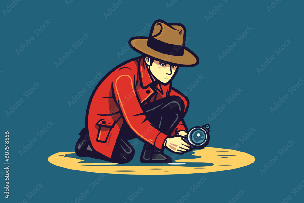 Doodle inspired Detective collecting evidence, cartoon sticker, sketch ...