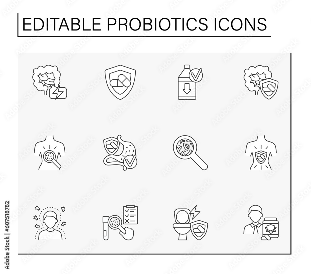 Probiotics line icons set. Treatment to protect the immune system ...