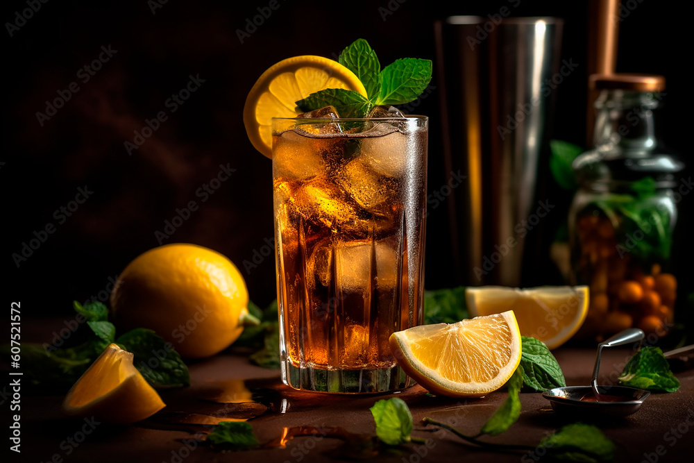Long Island ice tea cocktail drink with vodka, rum, tequila, gin, liquor, lemon juice, cola and ...