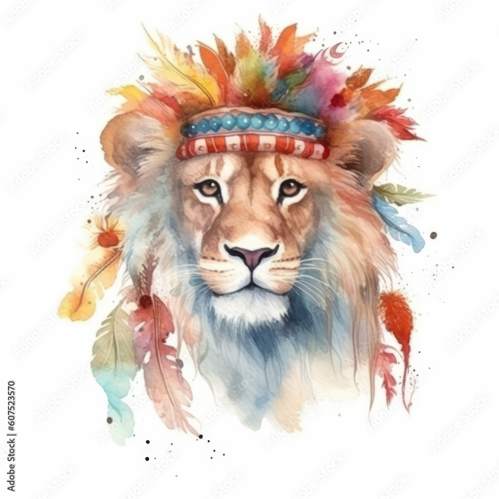 Lion watercolor drawing. Lion Head with native american indian chief ...
