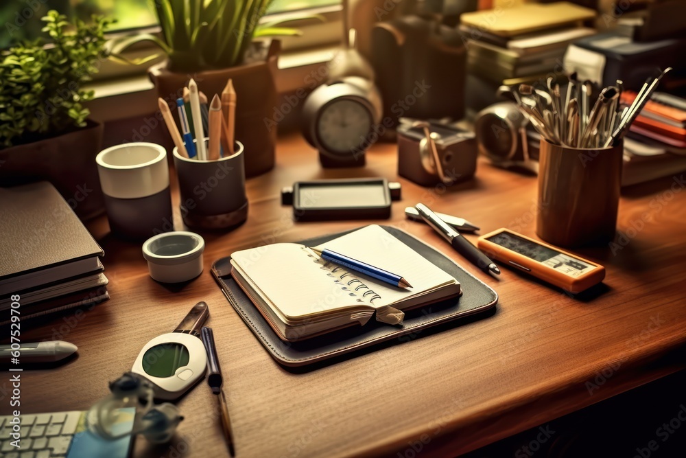 stock photo of office table in cubicle desk and stuff tools equipment ...