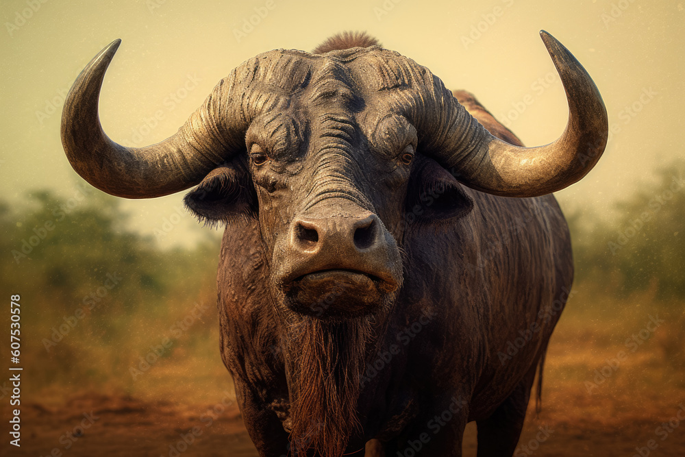 A majestic buffalo in its natural habitat, displaying its powerful ...
