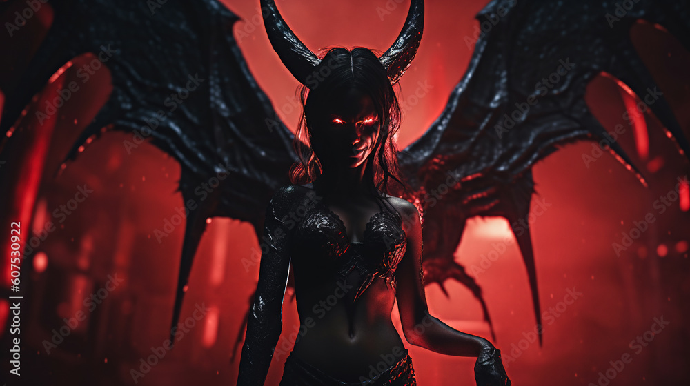 A winged succubus demon with horns and glowing eyes, generative AI illustration Stock ...