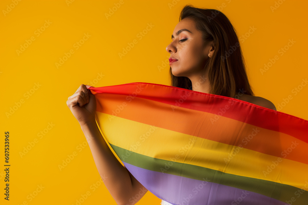 Expressive Generative AI pride photo of lesbian woman with rainbow flag ...