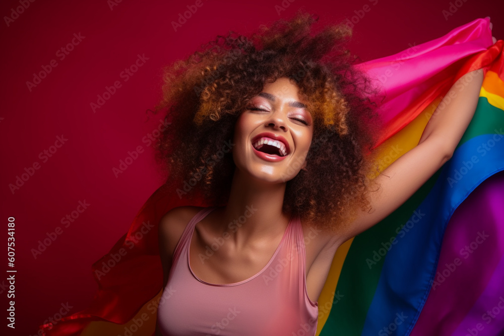 Expressive Generative AI pride photo of lesbian woman with rainbow flag ...