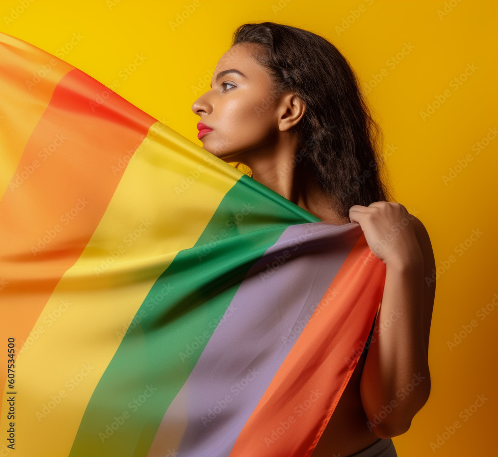 Expressive Generative AI pride photo of lesbian woman with rainbow flag ...